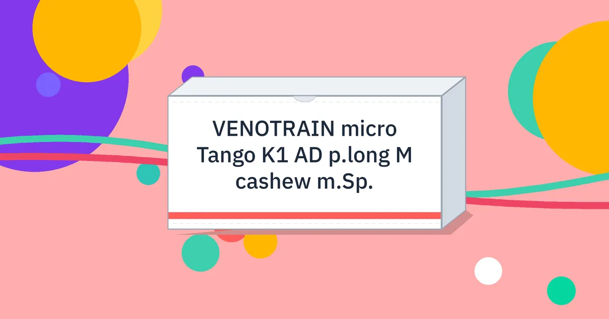 Symbolbild: Packung mit der Aufschrift VENOTRAIN micro Tango K1 AD p.long M cashew m.Sp. (PZN 20765621) – Verfügbarkeit und Bezug in Apotheken in Frankfurt am Main
