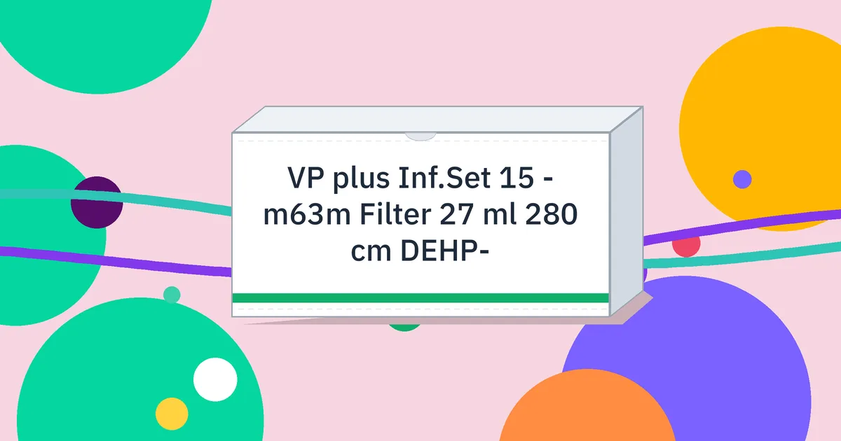 Symbolbild: Packung mit der Aufschrift VP plus Inf.Set 15 -m63m Filter 27 ml 280 cm DEHP- (PZN 14210936) – Verfügbarkeit und Bezug in Apotheken in Frankfurt am Main
