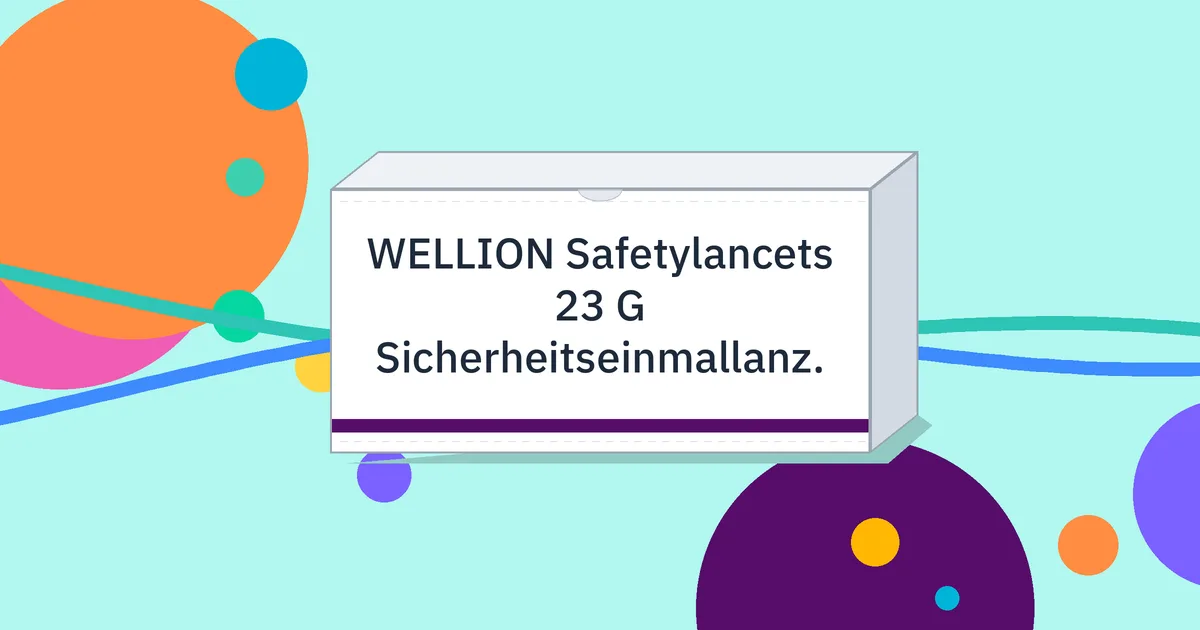 Symbolbild: Packung mit der Aufschrift WELLION Safetylancets 23 G Sicherheitseinmallanz. (PZN 04604597) – Verfügbarkeit und Bezug in Apotheken in Frankfurt am Main