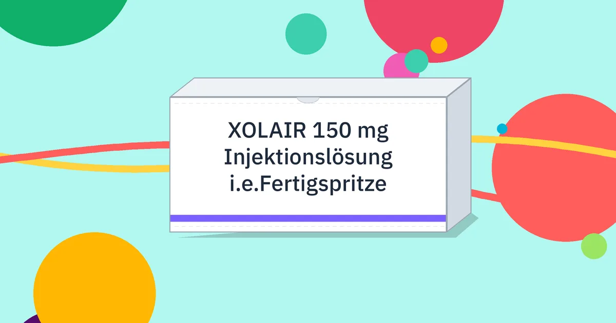 Symbolbild: Packung mit der Aufschrift XOLAIR 150 mg Injektionslösung i.e.Fertigspritze (PZN 13879318) – Verfügbarkeit und Bezug in Apotheken in Frankfurt am Main