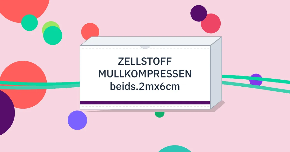 Symbolbild: Packung mit der Aufschrift ZELLSTOFF MULLKOMPRESSEN beids.2mx6cm (PZN 01722994) – Verfügbarkeit und Bezug in Apotheken in Frankfurt am Main