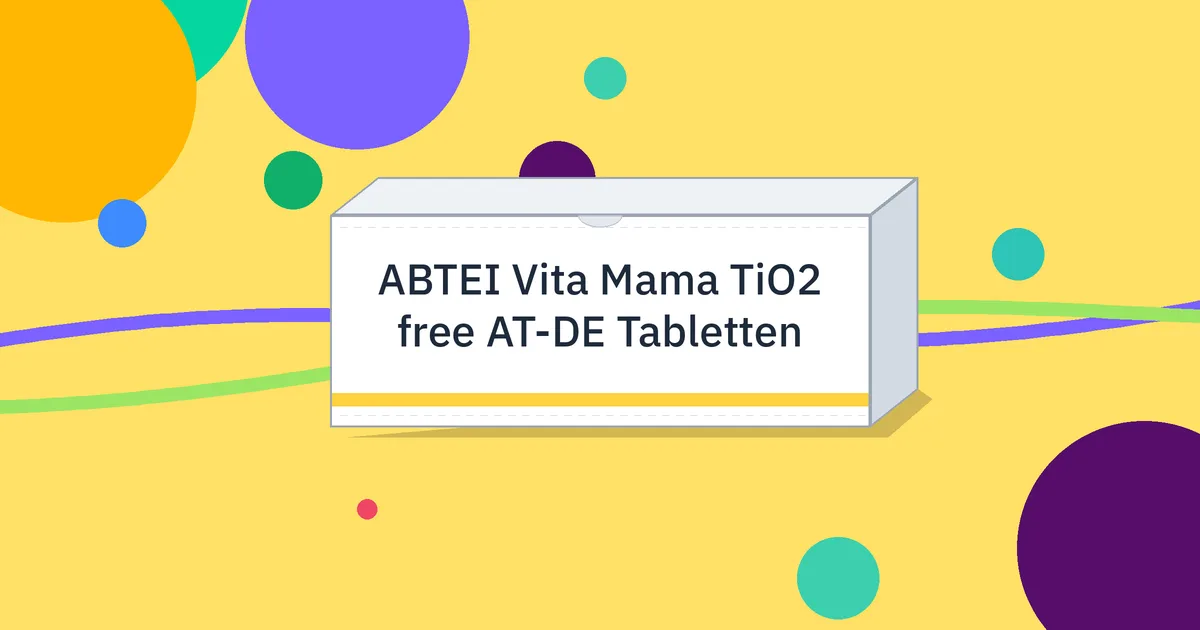 Symbolbild: Packung mit der Aufschrift ABTEI Vita Mama TiO2 free AT-DE Tabletten (PZN 17944159) – Verfügbarkeit und Bezug in Apotheken in Frankfurt am Main