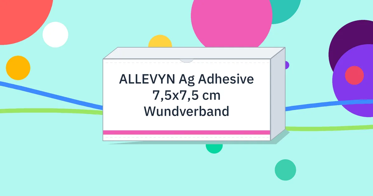 Symbolbild: Packung mit der Aufschrift ALLEVYN Ag Adhesive 7,5x7,5 cm Wundverband (PZN 18051156) – Verfügbarkeit und Bezug in Apotheken in Frankfurt am Main