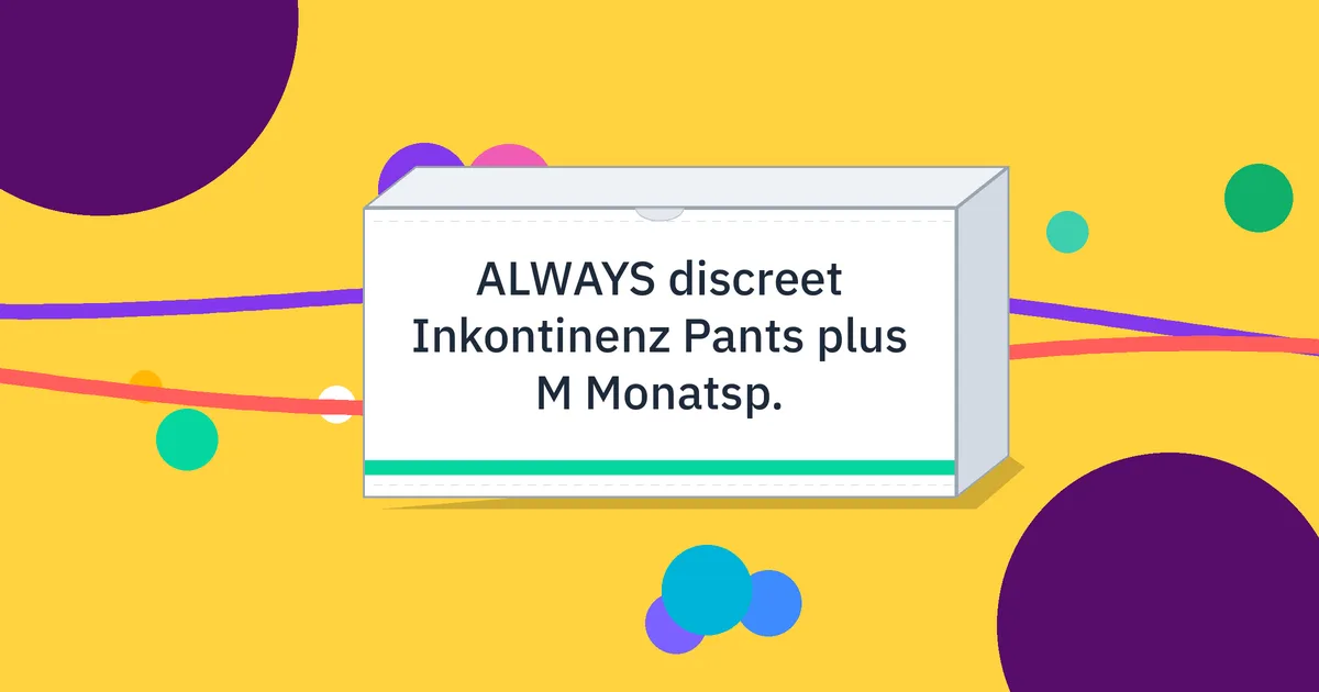 Symbolbild: Packung mit der Aufschrift ALWAYS discreet Inkontinenz Pants plus M Monatsp. (PZN 17443026) – Verfügbarkeit und Bezug in Apotheken in Frankfurt am Main