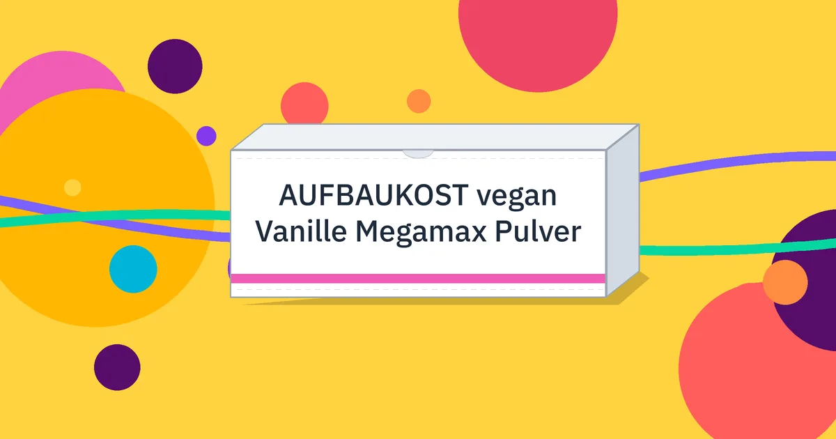 Symbolbild: Packung mit der Aufschrift AUFBAUKOST vegan Vanille Megamax Pulver (PZN 18497231) – Verfügbarkeit und Bezug in Apotheken in Frankfurt am Main