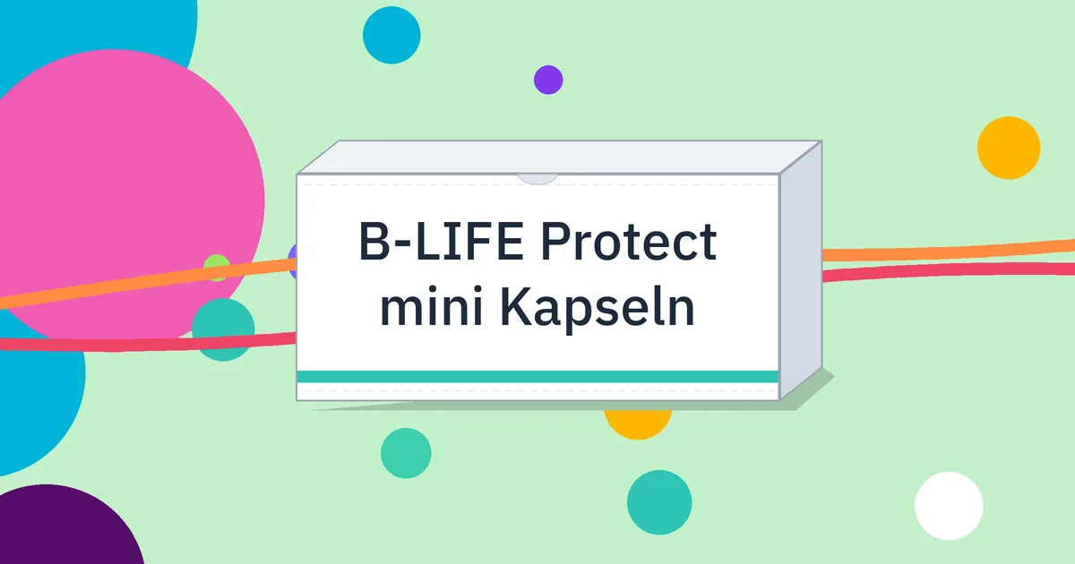 Symbolbild: Packung mit der Aufschrift B-LIFE Protect mini Kapseln (PZN 19819599) – Verfügbarkeit und Bezug in Apotheken in Frankfurt am Main