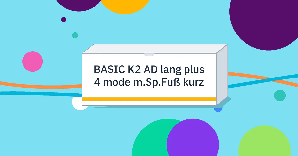 Symbolbild: Packung mit der Aufschrift BASIC K2 AD lang plus 4 mode m.Sp.Fuß kurz (PZN 20265054) – Verfügbarkeit und Bezug in Apotheken in Frankfurt am Main