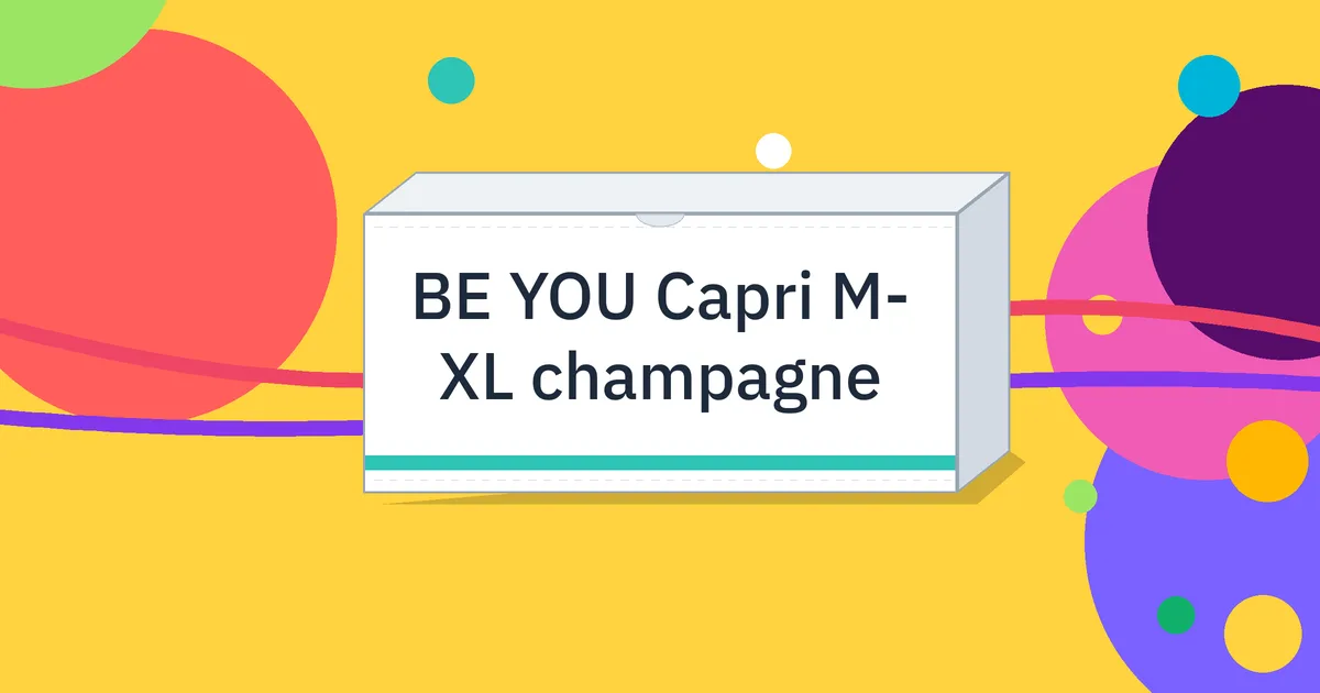 Symbolbild: Packung mit der Aufschrift BE YOU Capri M-XL champagne (PZN 20719874) – Verfügbarkeit und Bezug in Apotheken in Frankfurt am Main
