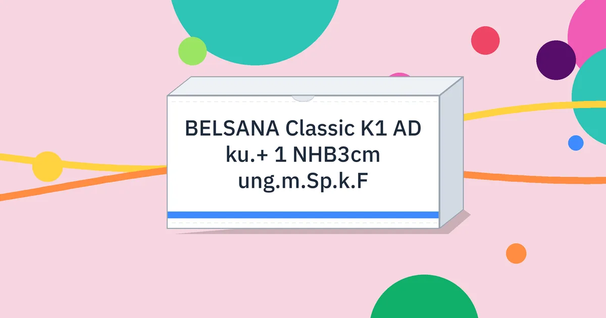 Symbolbild: Packung mit der Aufschrift BELSANA Classic K1 AD ku.+ 1 NHB3cm ung.m.Sp.k.F (PZN 19254619) – Verfügbarkeit und Bezug in Apotheken in Frankfurt am Main