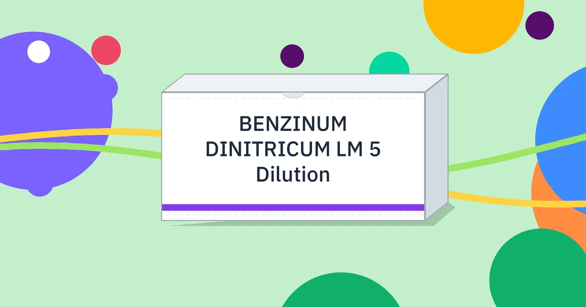 Symbolbild: Packung mit der Aufschrift BENZINUM DINITRICUM LM 5 Dilution (PZN 13382055) – Verfügbarkeit und Bezug in Apotheken in Frankfurt am Main
