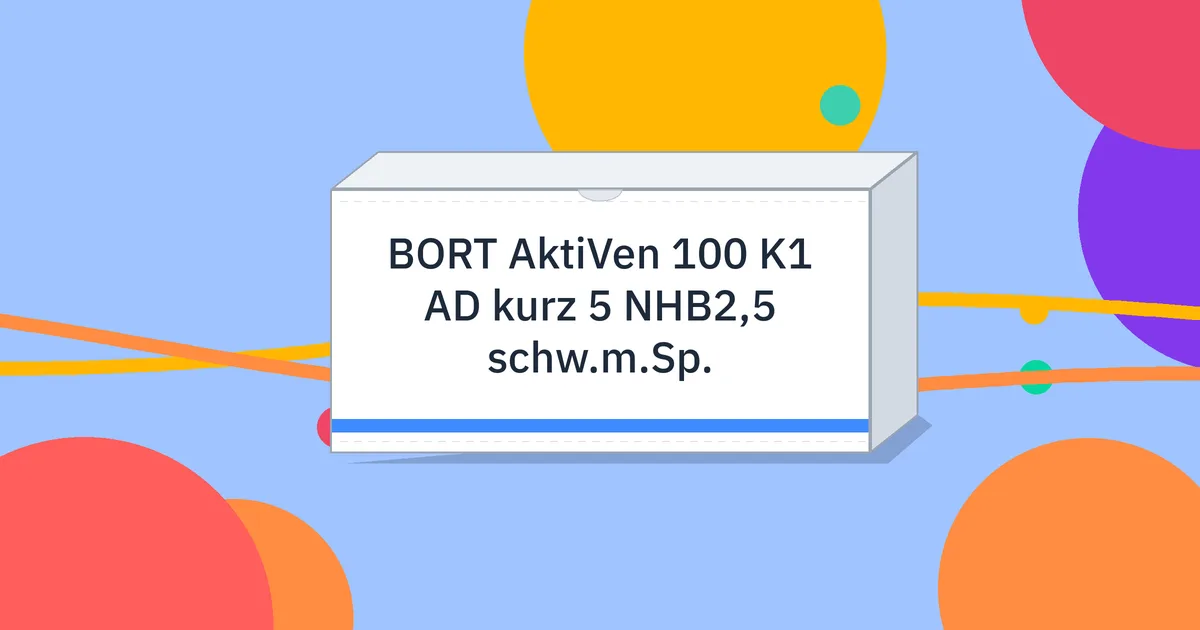 Symbolbild: Packung mit der Aufschrift BORT AktiVen 100 K1 AD kurz 5 NHB2,5 schw.m.Sp. (PZN 17502243) – Verfügbarkeit und Bezug in Apotheken in Frankfurt am Main