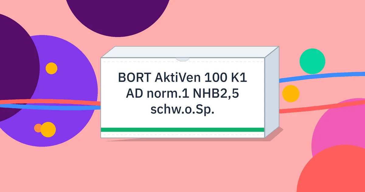 Symbolbild: Packung mit der Aufschrift BORT AktiVen 100 K1 AD norm.1 NHB2,5 schw.o.Sp. (PZN 17501930) – Verfügbarkeit und Bezug in Apotheken in Frankfurt am Main