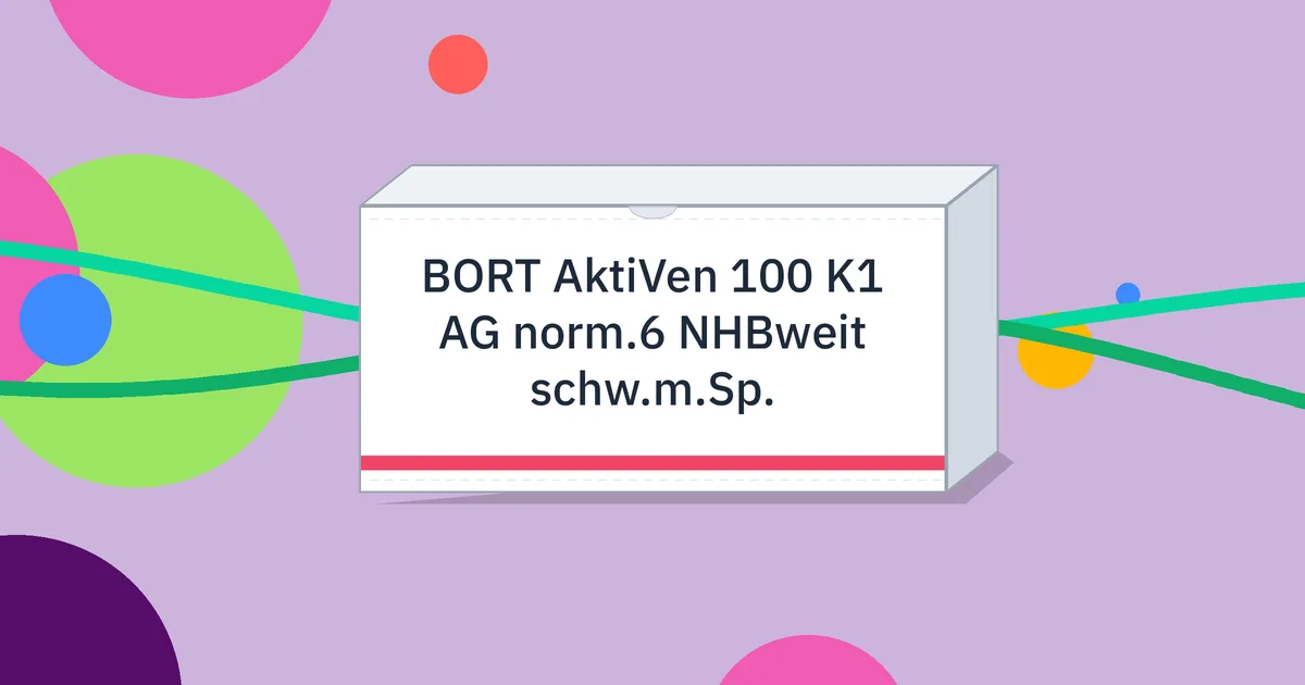 Symbolbild: Packung mit der Aufschrift BORT AktiVen 100 K1 AG norm.6 NHBweit schw.m.Sp. (PZN 14388350) – Verfügbarkeit und Bezug in Apotheken in Frankfurt am Main