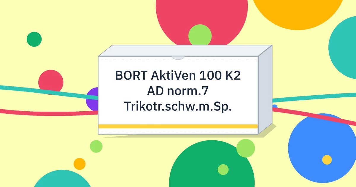 Symbolbild: Packung mit der Aufschrift BORT AktiVen 100 K2 AD norm.7 Trikotr.schw.m.Sp. (PZN 14386776) – Verfügbarkeit und Bezug in Apotheken in Frankfurt am Main
