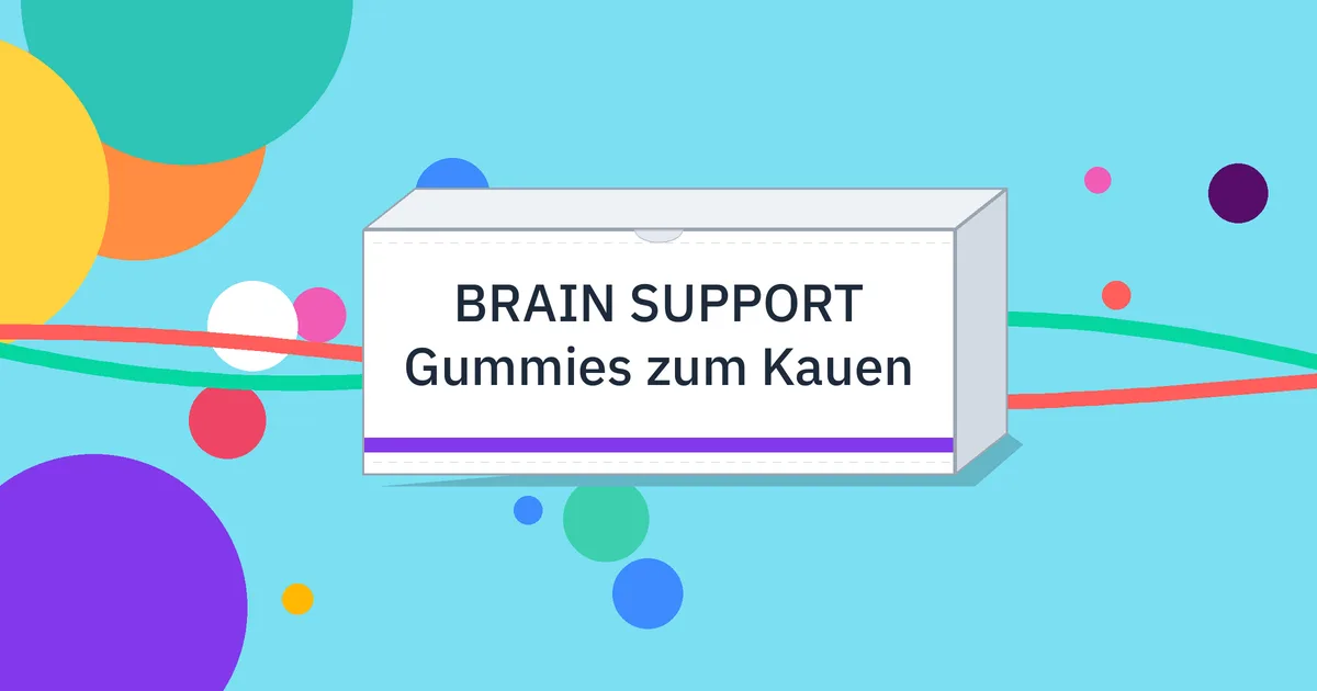 Symbolbild: Packung mit der Aufschrift BRAIN SUPPORT Gummies zum Kauen (PZN 20155584) – Verfügbarkeit und Bezug in Apotheken in Frankfurt am Main