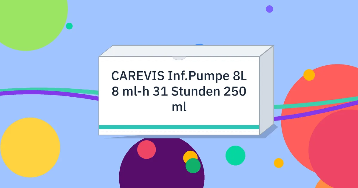 Symbolbild: Packung mit der Aufschrift CAREVIS Inf.Pumpe 8L 8 ml-h 31 Stunden 250 ml (PZN 08431113) – Verfügbarkeit und Bezug in Apotheken in Frankfurt am Main