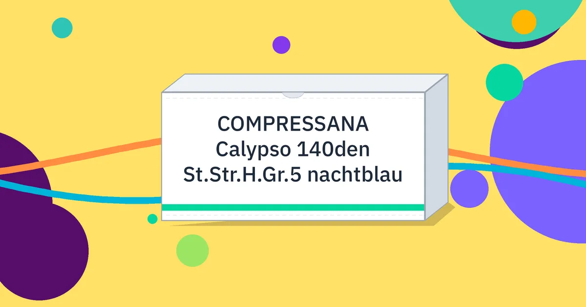 Symbolbild: Packung mit der Aufschrift COMPRESSANA Calypso 140den St.Str.H.Gr.5 nachtblau (PZN 11217866) – Verfügbarkeit und Bezug in Apotheken in Frankfurt am Main