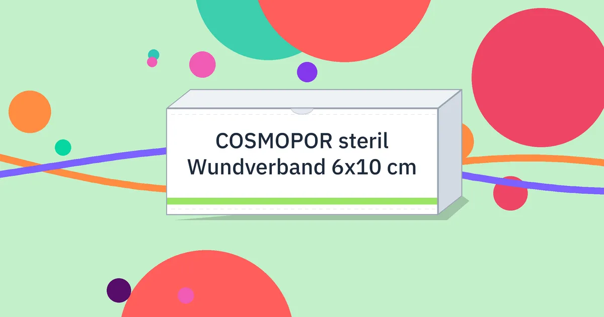 Symbolbild: Packung mit der Aufschrift COSMOPOR steril Wundverband 6x10 cm (PZN 10092629) – Verfügbarkeit und Bezug in Apotheken in Frankfurt am Main