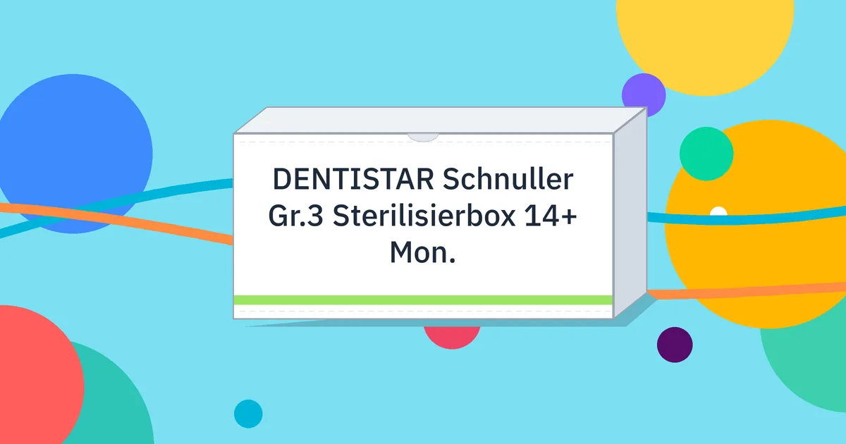Symbolbild: Packung mit der Aufschrift DENTISTAR Schnuller Gr.3 Sterilisierbox 14+ Mon. (PZN 16008570) – Verfügbarkeit und Bezug in Apotheken in Frankfurt am Main