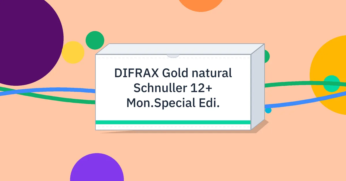 Symbolbild: Packung mit der Aufschrift DIFRAX Gold natural Schnuller 12+ Mon.Special Edi. (PZN 12732010) – Verfügbarkeit und Bezug in Apotheken in Frankfurt am Main