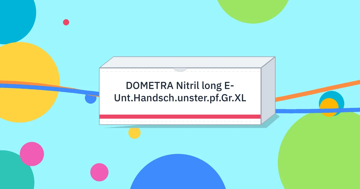 Symbolbild: Packung mit der Aufschrift DOMETRA Nitril long E-Unt.Handsch.unster.pf.Gr.XL (PZN 12457101) – Verfügbarkeit und Bezug in Apotheken in Frankfurt am Main