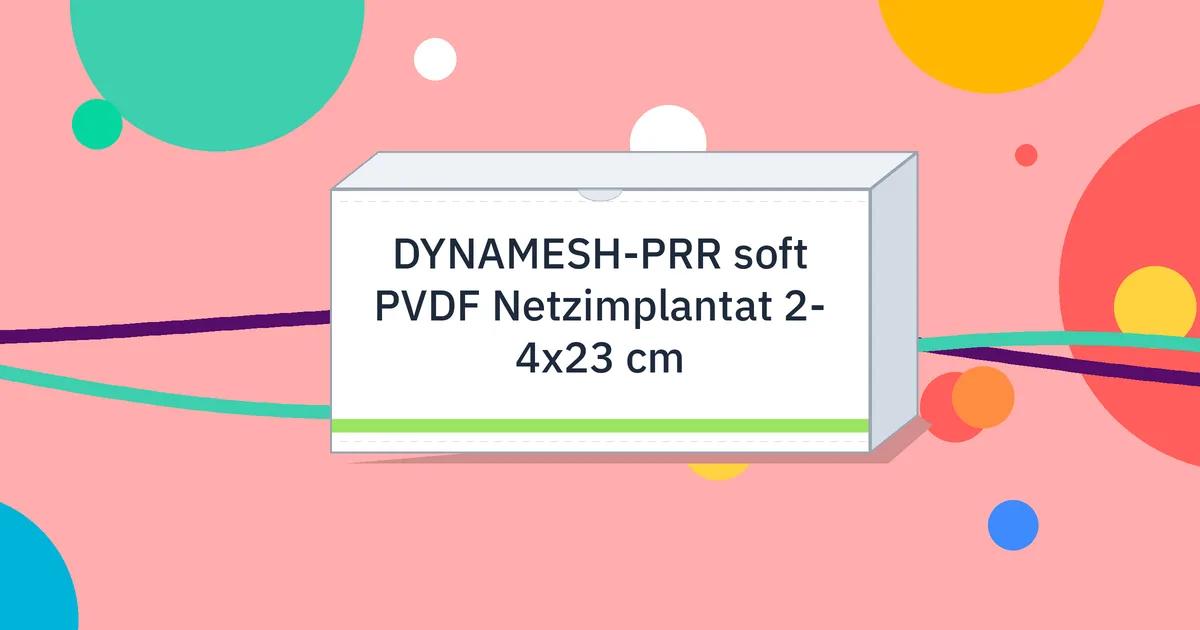 Symbolbild: Packung mit der Aufschrift DYNAMESH-PRR soft PVDF Netzimplantat 2-4x23 cm (PZN 19390179) – Verfügbarkeit und Bezug in Apotheken in Frankfurt am Main