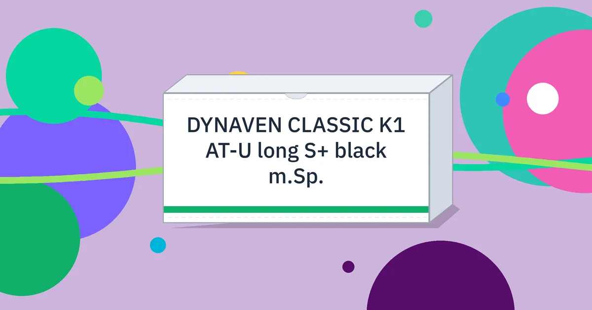 Symbolbild: Packung mit der Aufschrift DYNAVEN CLASSIC K1 AT-U long S+ black m.Sp. (PZN 18416882) – Verfügbarkeit und Bezug in Apotheken in Frankfurt am Main