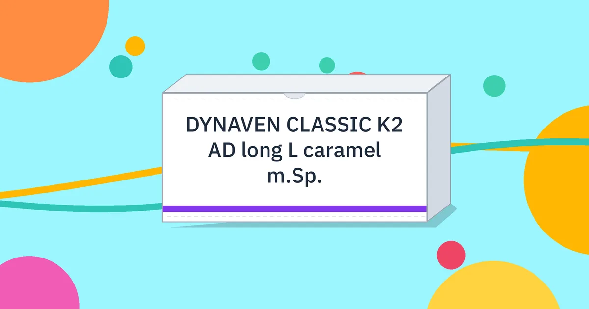 Symbolbild: Packung mit der Aufschrift DYNAVEN CLASSIC K2 AD long L caramel m.Sp. (PZN 18417841) – Verfügbarkeit und Bezug in Apotheken in Frankfurt am Main