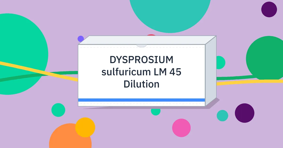 Symbolbild: Packung mit der Aufschrift DYSPROSIUM sulfuricum LM 45 Dilution (PZN 13468199) – Verfügbarkeit und Bezug in Apotheken in Frankfurt am Main