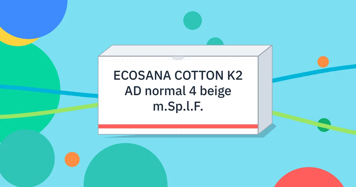 Symbolbild: Packung mit der Aufschrift ECOSANA COTTON K2 AD normal 4 beige m.Sp.l.F. (PZN 16947807) – Verfügbarkeit und Bezug in Apotheken in Frankfurt am Main