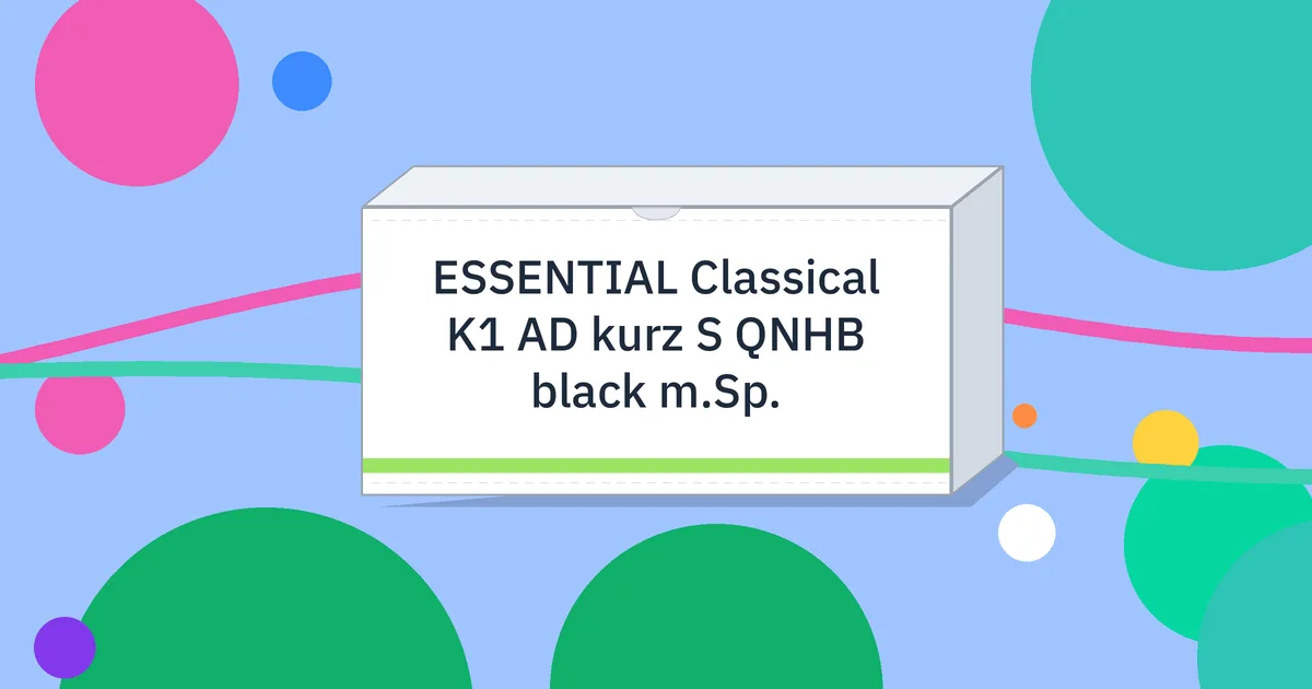 Symbolbild: Packung mit der Aufschrift ESSENTIAL Classical K1 AD kurz S QNHB black m.Sp. (PZN 18866651) – Verfügbarkeit und Bezug in Apotheken in Frankfurt am Main