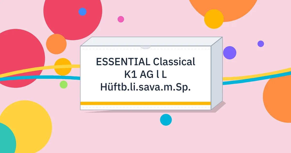 Symbolbild: Packung mit der Aufschrift ESSENTIAL Classical K1 AG l L Hüftb.li.sava.m.Sp. (PZN 17012734) – Verfügbarkeit und Bezug in Apotheken in Frankfurt am Main