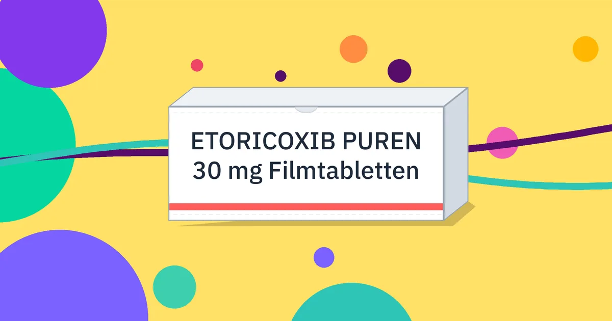 Symbolbild: Packung mit der Aufschrift ETORICOXIB PUREN 30 mg Filmtabletten (PZN 12361648) – Verfügbarkeit und Bezug in Apotheken in Frankfurt am Main