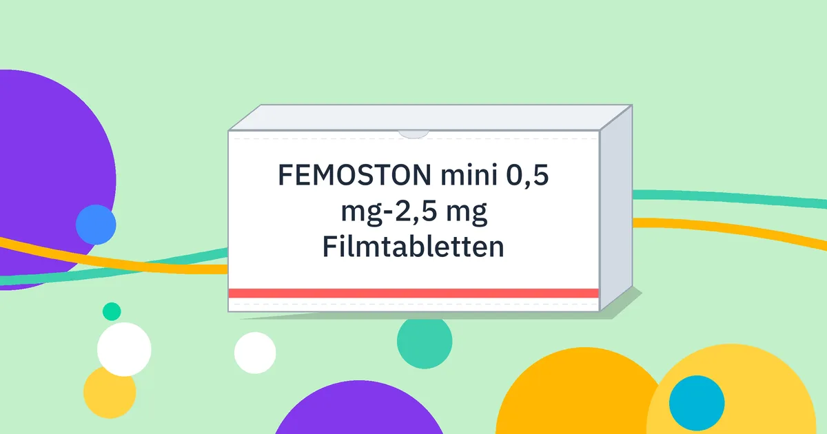 Symbolbild: Packung mit der Aufschrift FEMOSTON mini 0,5 mg-2,5 mg Filmtabletten (PZN 18116559) – Verfügbarkeit und Bezug in Apotheken in Frankfurt am Main