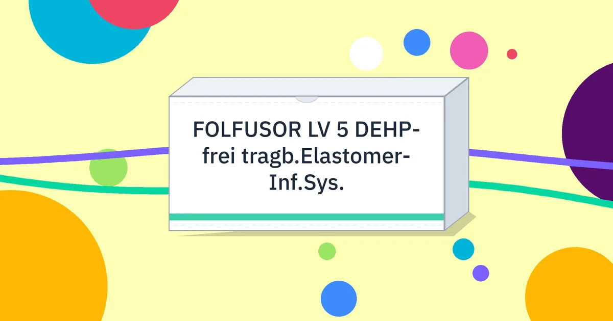 Symbolbild: Packung mit der Aufschrift FOLFUSOR LV 5 DEHP-frei tragb.Elastomer-Inf.Sys. (PZN 14253354) – Verfügbarkeit und Bezug in Apotheken in Frankfurt am Main