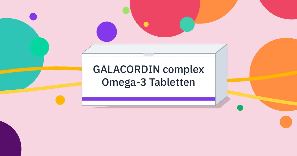 Symbolbild: Packung mit der Aufschrift GALACORDIN complex Omega-3 Tabletten (PZN 11349875) – Verfügbarkeit und Bezug in Apotheken in Frankfurt am Main
