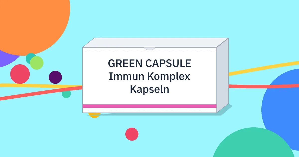 Symbolbild: Packung mit der Aufschrift GREEN CAPSULE Immun Komplex Kapseln (PZN 18323459) – Verfügbarkeit und Bezug in Apotheken in Frankfurt am Main