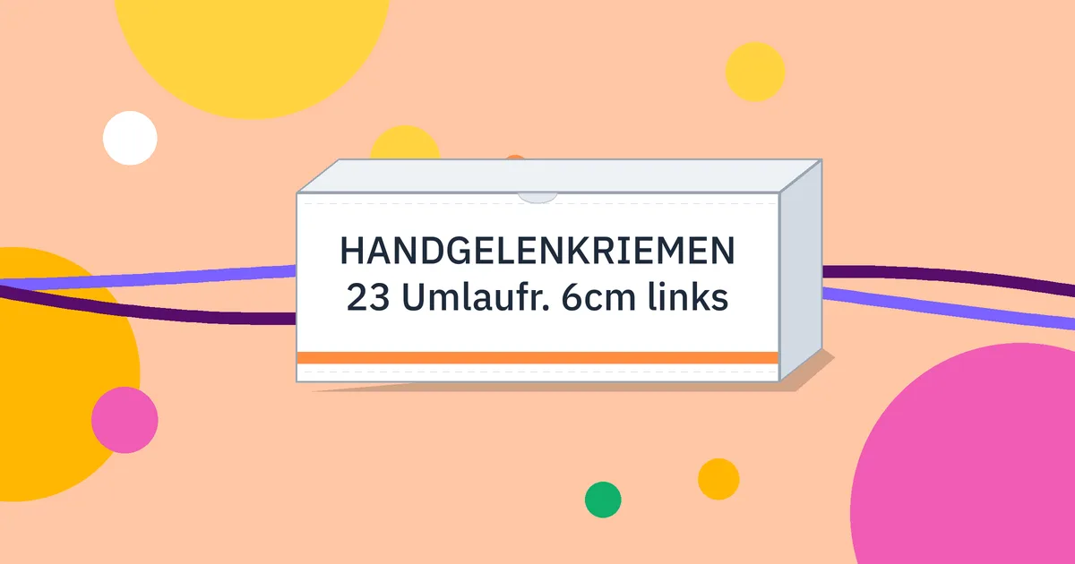 Symbolbild: Packung mit der Aufschrift HANDGELENKRIEMEN 23 Umlaufr. 6cm links (PZN 02008313) – Verfügbarkeit und Bezug in Apotheken in Frankfurt am Main