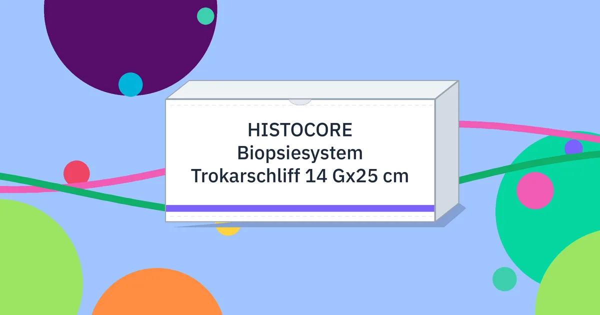 Symbolbild: Packung mit der Aufschrift HISTOCORE Biopsiesystem Trokarschliff 14 Gx25 cm (PZN 18794006) – Verfügbarkeit und Bezug in Apotheken in Frankfurt am Main