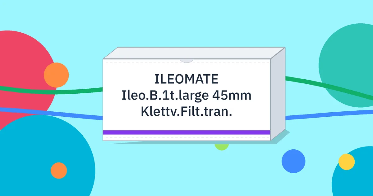 Symbolbild: Packung mit der Aufschrift ILEOMATE Ileo.B.1t.large 45mm Klettv.Filt.tran. (PZN 09175563) – Verfügbarkeit und Bezug in Apotheken in Frankfurt am Main