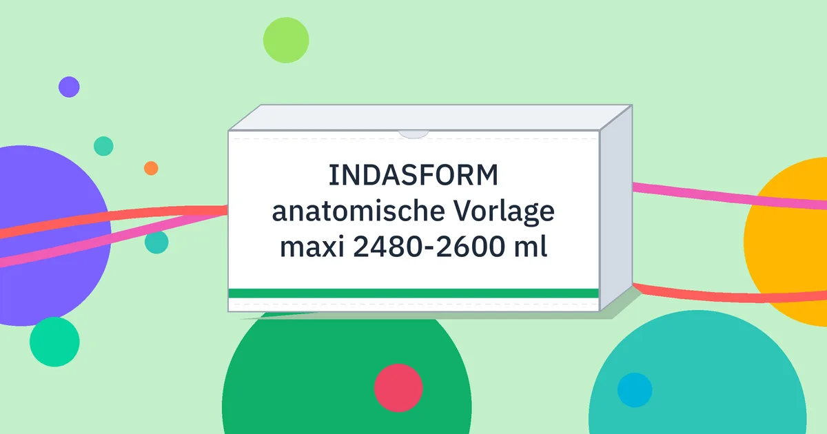 Symbolbild: Packung mit der Aufschrift INDASFORM anatomische Vorlage maxi 2480-2600 ml (PZN 09922899) – Verfügbarkeit und Bezug in Apotheken in Frankfurt am Main