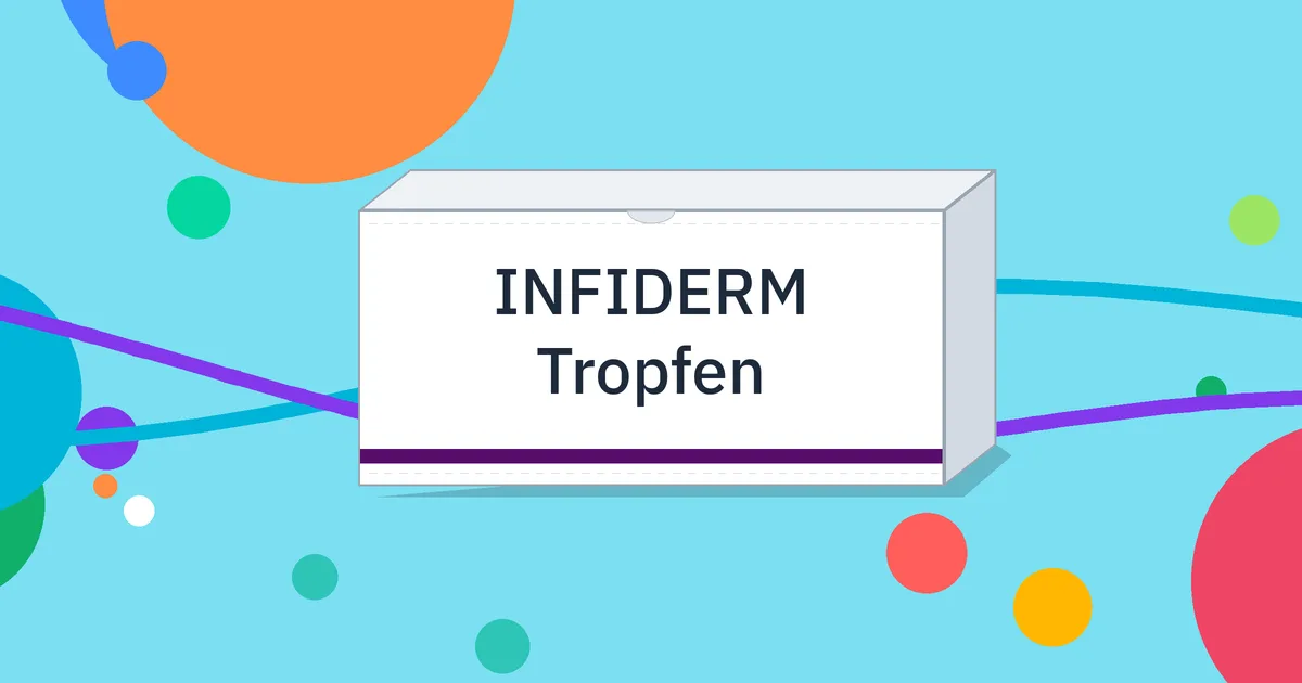 Symbolbild: Packung mit der Aufschrift INFIDERM Tropfen (PZN 06686518) – Verfügbarkeit und Bezug in Apotheken in Frankfurt am Main
