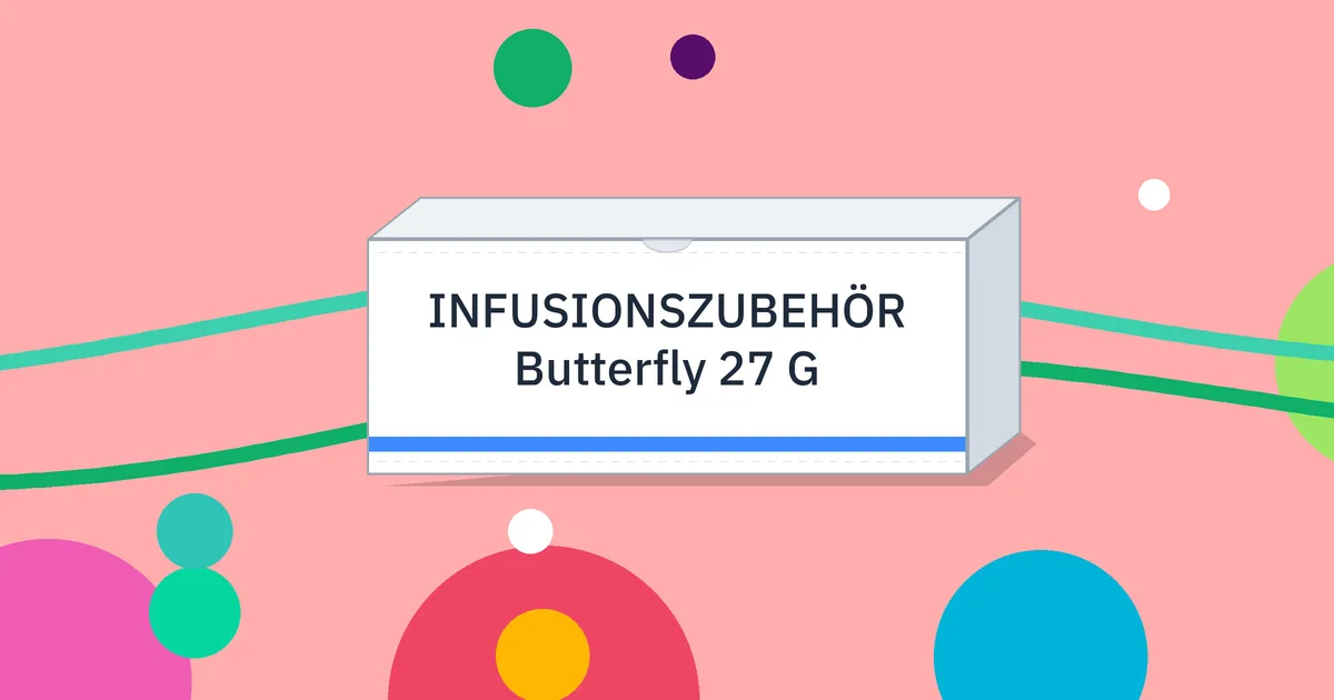 Symbolbild: Packung mit der Aufschrift INFUSIONSZUBEHÖR Butterfly 27 G (PZN 07501774) – Verfügbarkeit und Bezug in Apotheken in Frankfurt am Main
