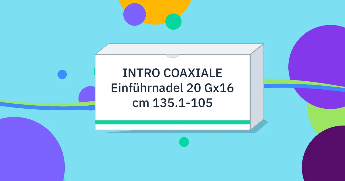 Symbolbild: Packung mit der Aufschrift INTRO COAXIALE Einführnadel 20 Gx16 cm 135.1-105 (PZN 16946624) – Verfügbarkeit und Bezug in Apotheken in Frankfurt am Main