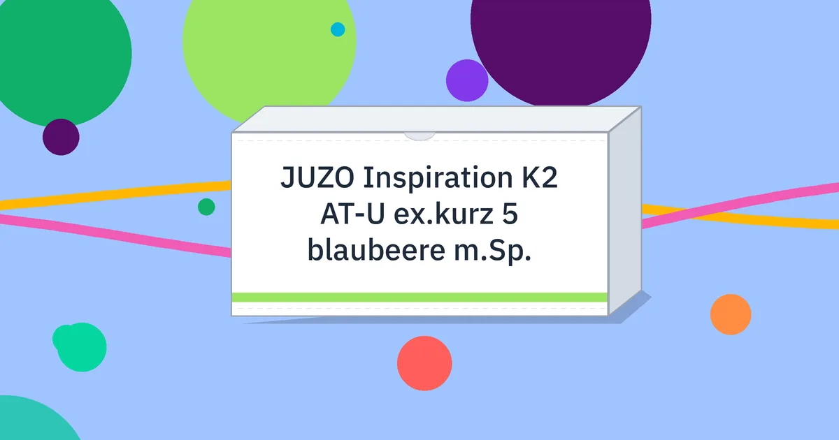 Symbolbild: Packung mit der Aufschrift JUZO Inspiration K2 AT-U ex.kurz 5 blaubeere m.Sp. (PZN 14965988) – Verfügbarkeit und Bezug in Apotheken in Frankfurt am Main