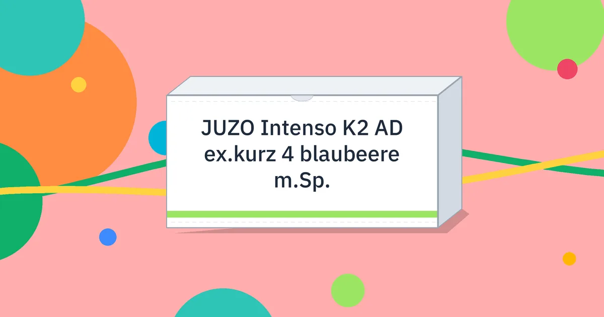 Symbolbild: Packung mit der Aufschrift JUZO Intenso K2 AD ex.kurz 4 blaubeere m.Sp. (PZN 18608127) – Verfügbarkeit und Bezug in Apotheken in Frankfurt am Main