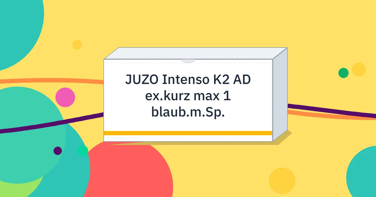 Symbolbild: Packung mit der Aufschrift JUZO Intenso K2 AD ex.kurz max 1 blaub.m.Sp. (PZN 18606884) – Verfügbarkeit und Bezug in Apotheken in Frankfurt am Main