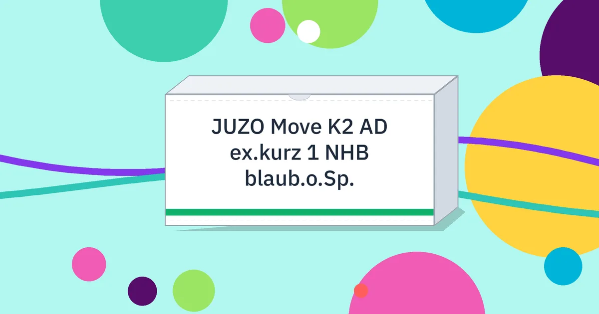 Symbolbild: Packung mit der Aufschrift JUZO Move K2 AD ex.kurz 1 NHB blaub.o.Sp. (PZN 18542351) – Verfügbarkeit und Bezug in Apotheken in Frankfurt am Main