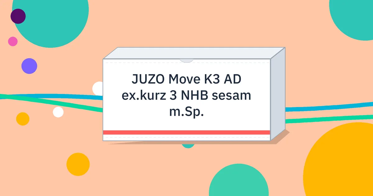 Symbolbild: Packung mit der Aufschrift JUZO Move K3 AD ex.kurz 3 NHB sesam m.Sp. (PZN 18569539) – Verfügbarkeit und Bezug in Apotheken in Frankfurt am Main