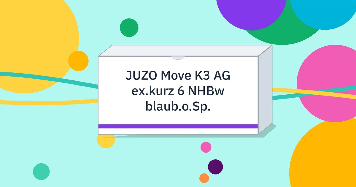 Symbolbild: Packung mit der Aufschrift JUZO Move K3 AG ex.kurz 6 NHBw blaub.o.Sp. (PZN 18596275) – Verfügbarkeit und Bezug in Apotheken in Frankfurt am Main